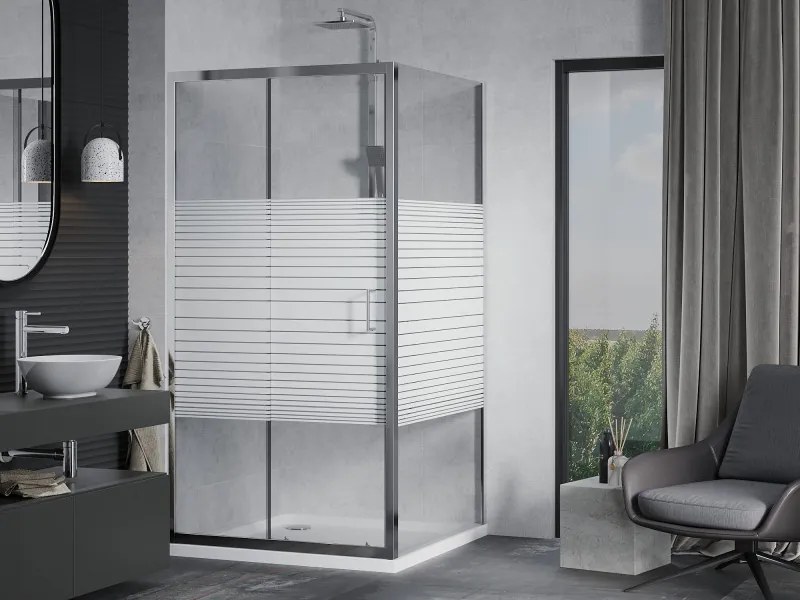 Mexen Apia posuvný sprchový kout 90 x 90 cm, 5mm sklo, chromový profil-čiré sklo/pásy + slim sprchová vanička 5cm, 840-090-090-01-20-4010