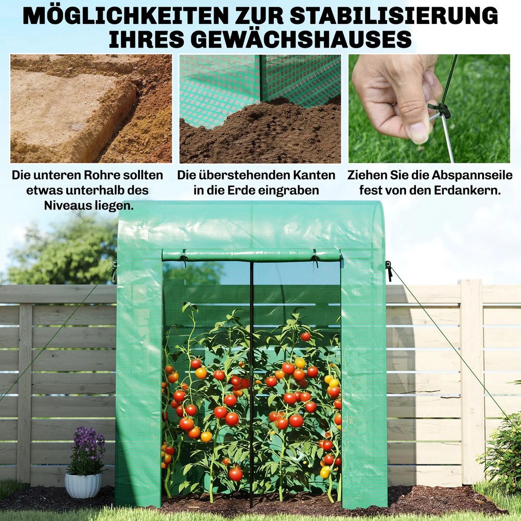 Outsunny Skleník na rajčata Fóliový skleník s rolovacími dveřmi Okno ze síťoviny Oblouková střecha 170 x 68 x 200 cm Zelený