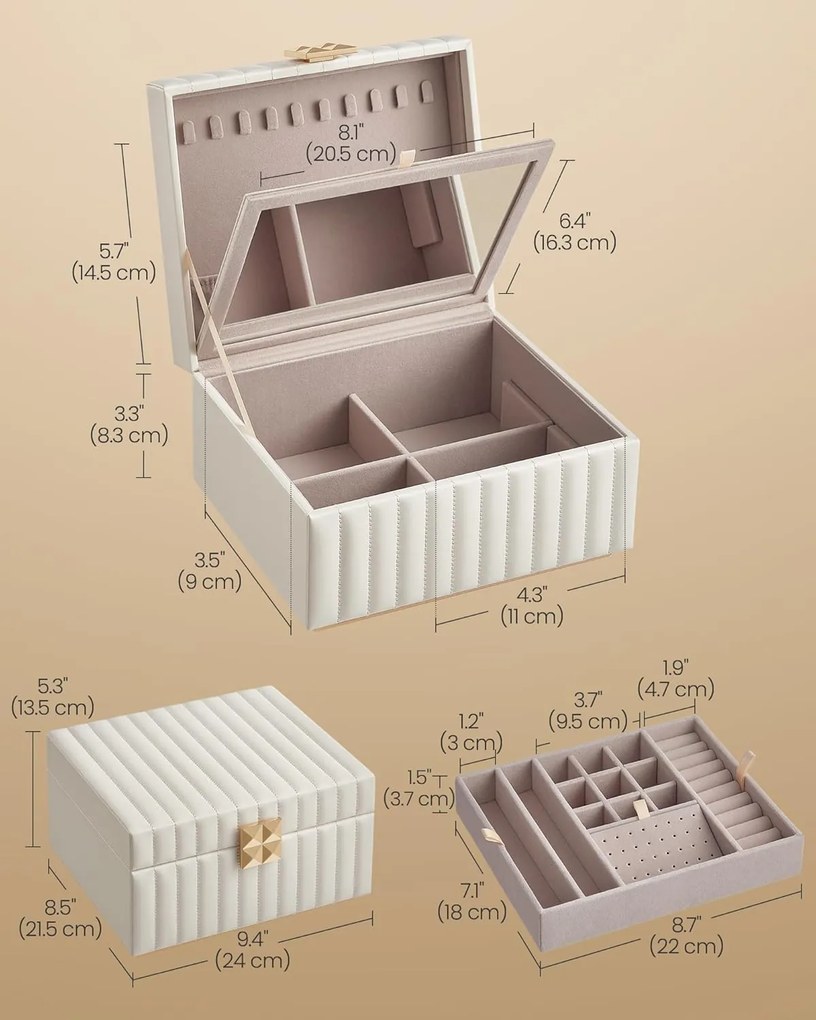 Songmics Organizér na šperky se zrcadlem, krémový JBC182W01