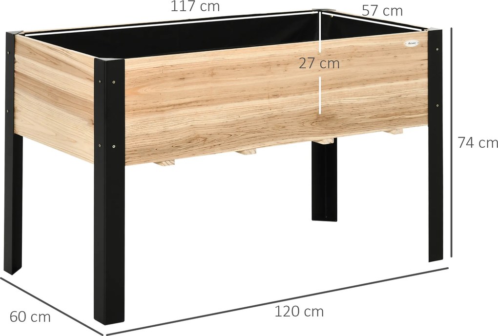 Vyvýšený záhonový truhlík Outsunny z masivního dřeva a oceli 120x60x74cm v přírodní a černé barvě pro zahradu a balkon | Aosom.de