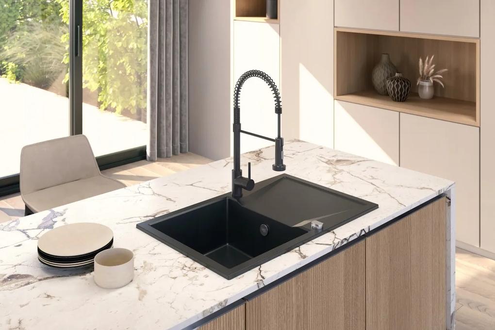 Sink Quality Obsidian, kuchyňský granitový dřez 790x500x210 mm + zlatý sifon, černá, SKQ-OBS.C.1KDO.XG