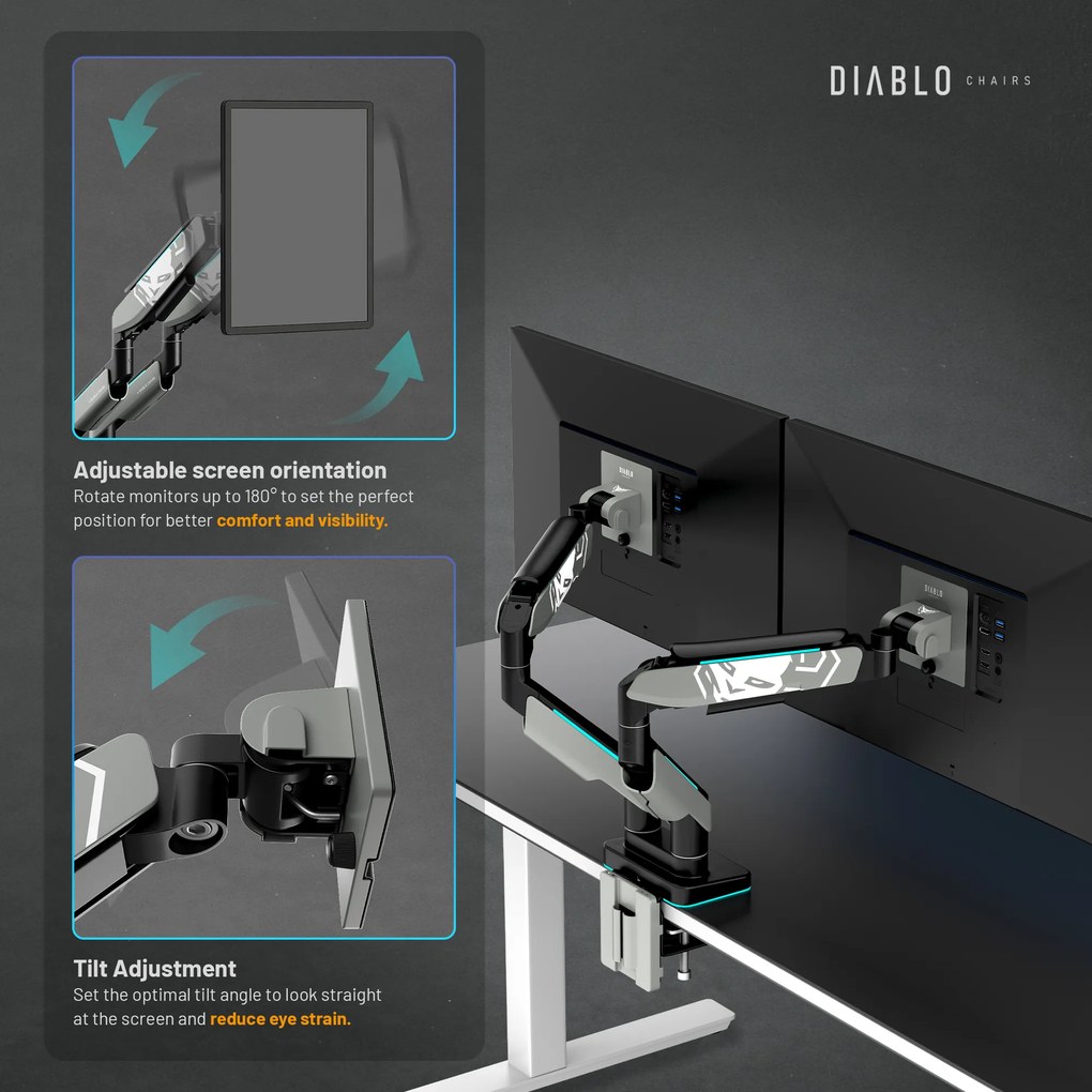 Držák na dva monitory 35" RGB šedo-černý: Diablo X-Arm Dual