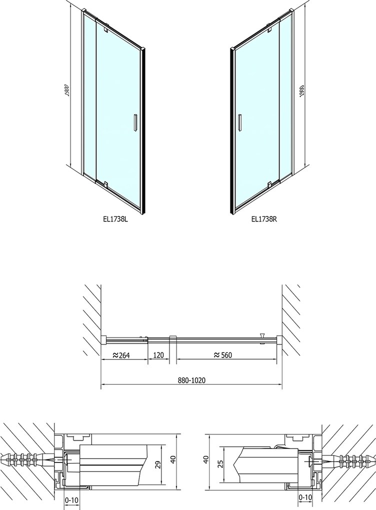 Polysan Polysan, EASY LINE otočné sprchové dveře 880-1020mm, sklo BRICK, EL1738