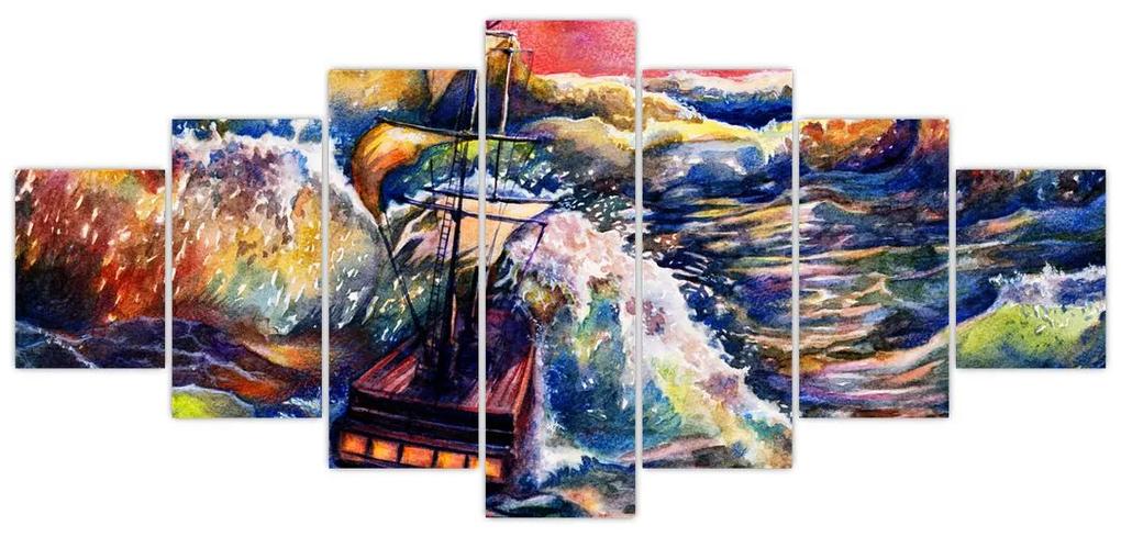 Obraz - Loď na oceánských vlnách, aquarel (210x100 cm)