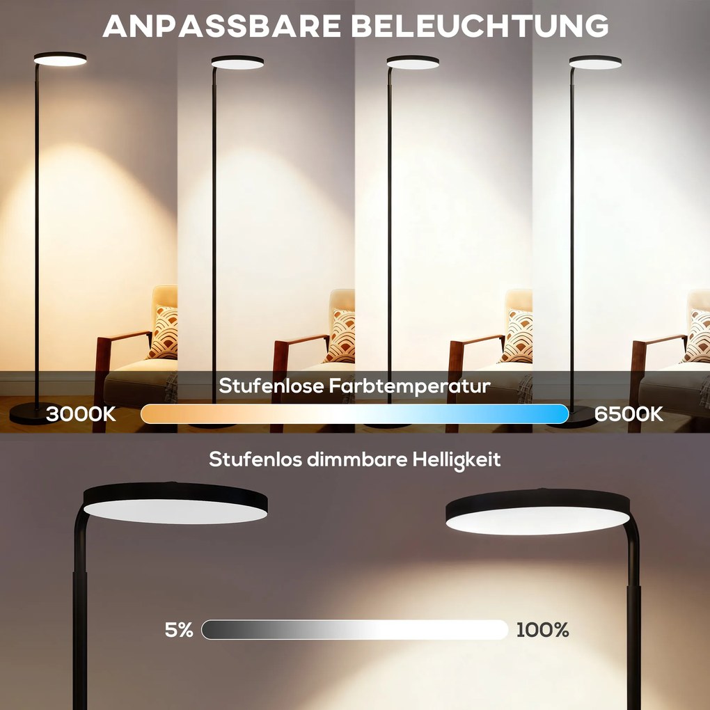 HOMCOM LED stojací lampa s magnetickým dálkovým ovládáním, flexibilně nastavitelná, otočná, kov, černá