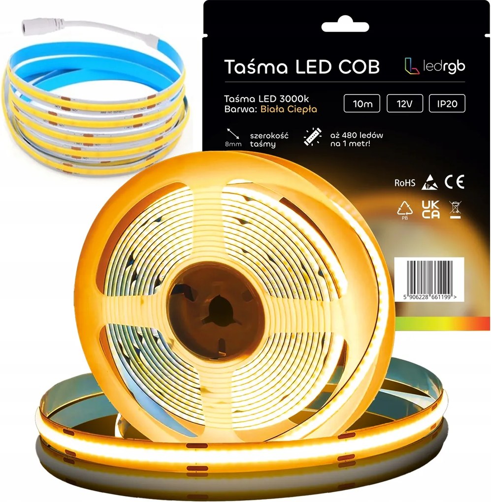 Led páska Neon Cob 12V 10 m 480 diod 3000K Bílá Teplá Homogenní 8MM