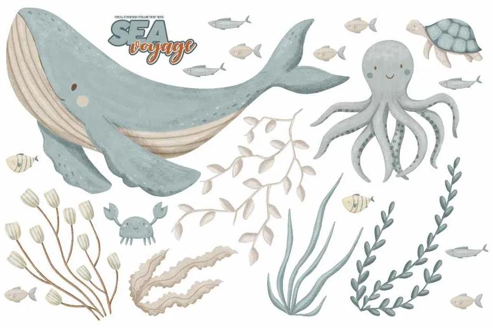 Gario Dětská nálepka na zeď Sea voyage - velryba, chobotnice a mořské řasy
