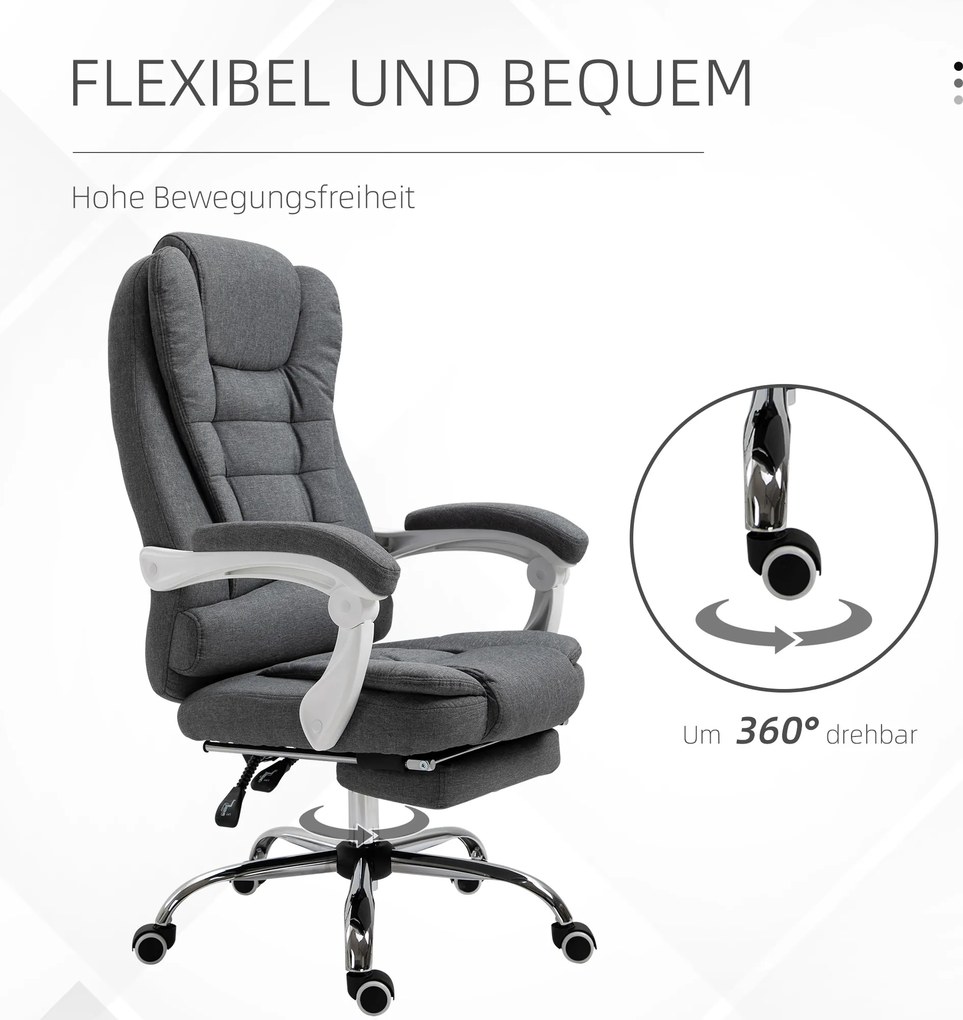 Kancelářská židle Vinsetto ergonomická kancelářská židle se sklopnou podnožkou, výškově nastavitelná a sklopná, kovově šedá pro pohodlí v domácí kanc…