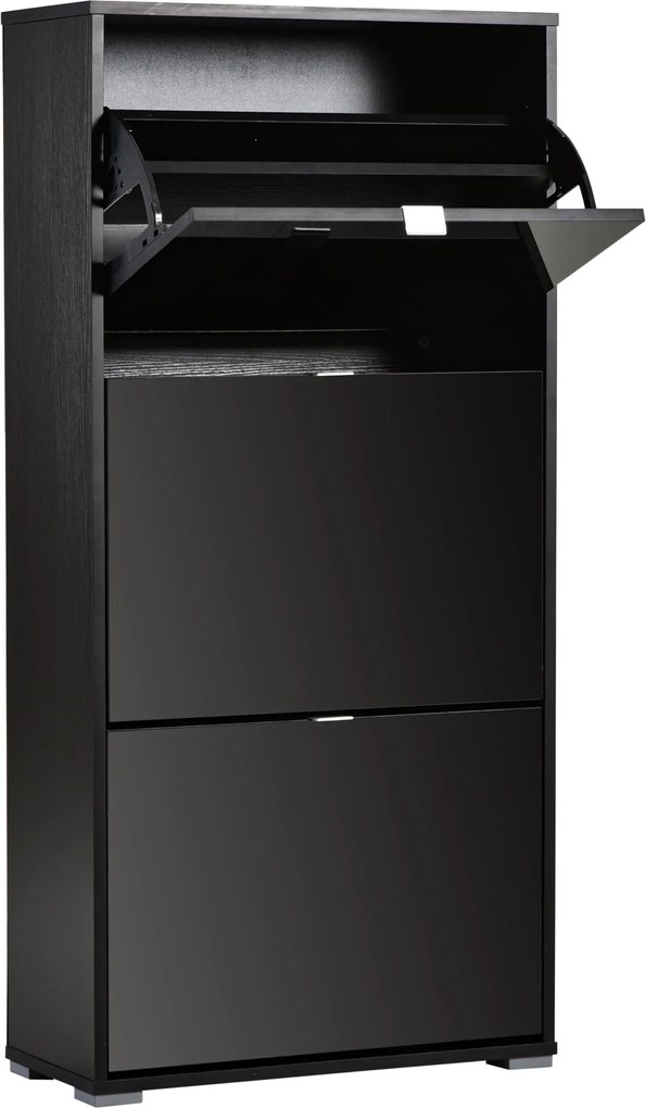 HOMCOM Skříň na boty, botníková police se 3 skládacími dveřmi, 3 přihrádky, dřevěná, 60Š x 26H x 124V cm, lesklá černá