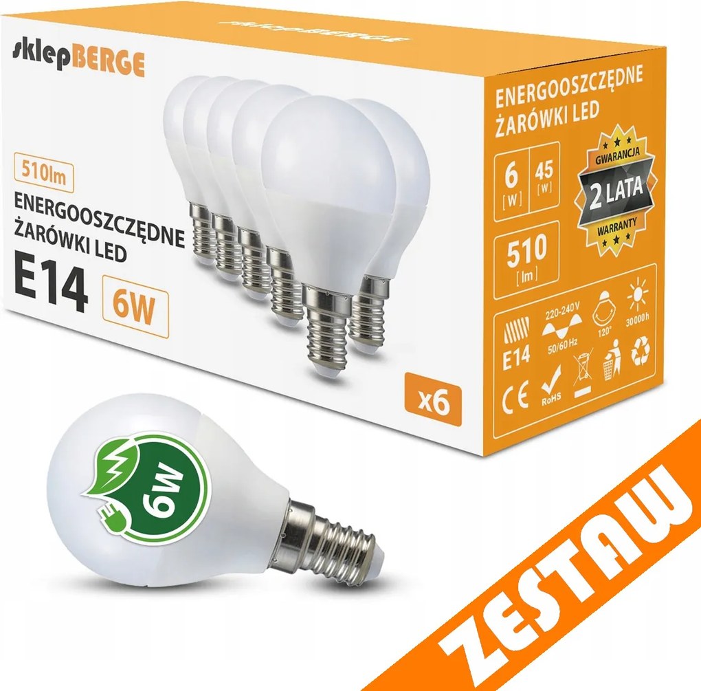 Sada 6 LED žárovek E14 7W G45 600lm 4500K - neutrální bílá