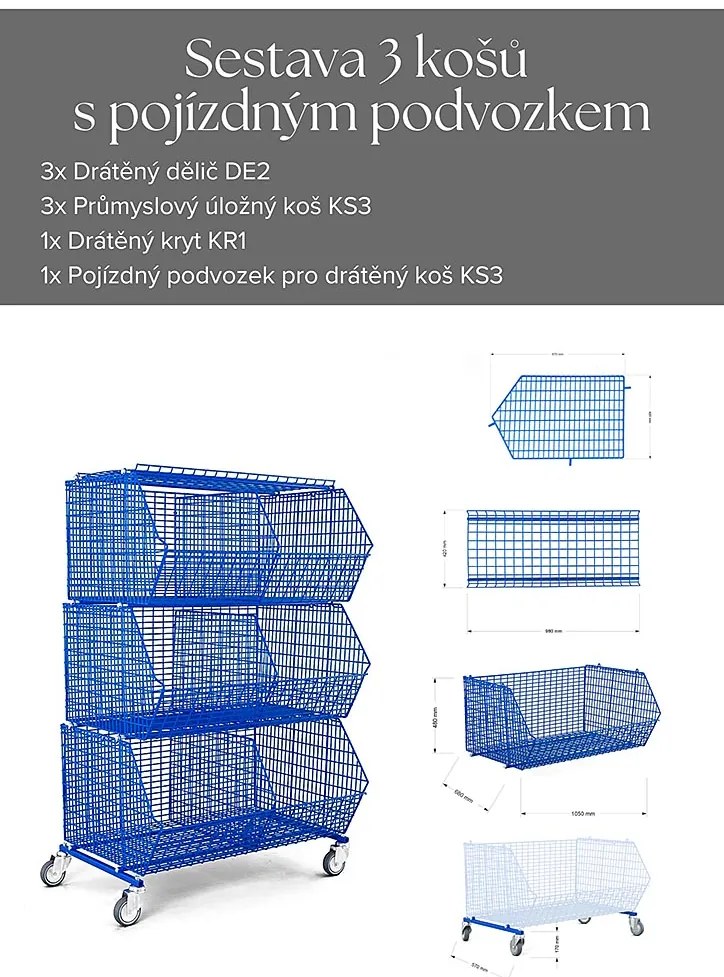 FEROPLAST spol. s.r.o Průmyslový úložný koš KS3, kompletní set 3 košů na kolečkách