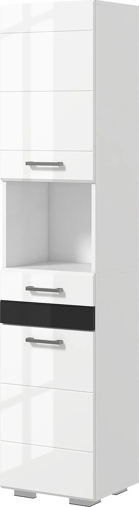 Kleankin sloupec pro úsporu místa do koupelny z MDF, koupelnová skříň s otevřenou policí, zásuvkou a uzavřenou skříňkou, 37x32,5x170 cm, leskle bílá