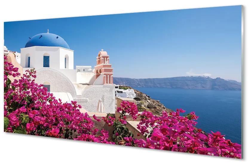 akrylový obraz Řecko květiny mořské stavby 100x50 cm