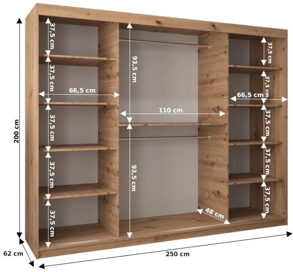 Šatní skříň ESTER - šířka 250 cm, dub sonoma