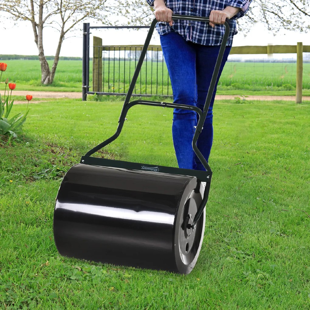 Zahradní válec Outsunny s U-rukojetí průměr 40 cm 60 l náplň z vodního písku kovový černý 57 x 40 x 123 cm pro dokonalé trávníky