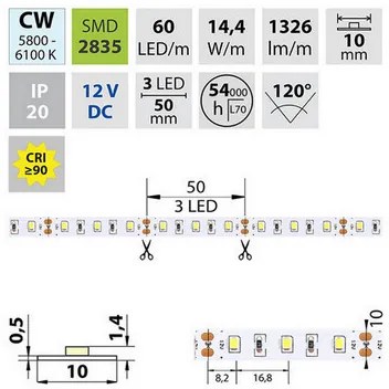 LED pásek McLED 12V studená bílá CRI90 š=10mm IP20 14,4W/m 60LED/m SMD2835 ML-121.702.60.2