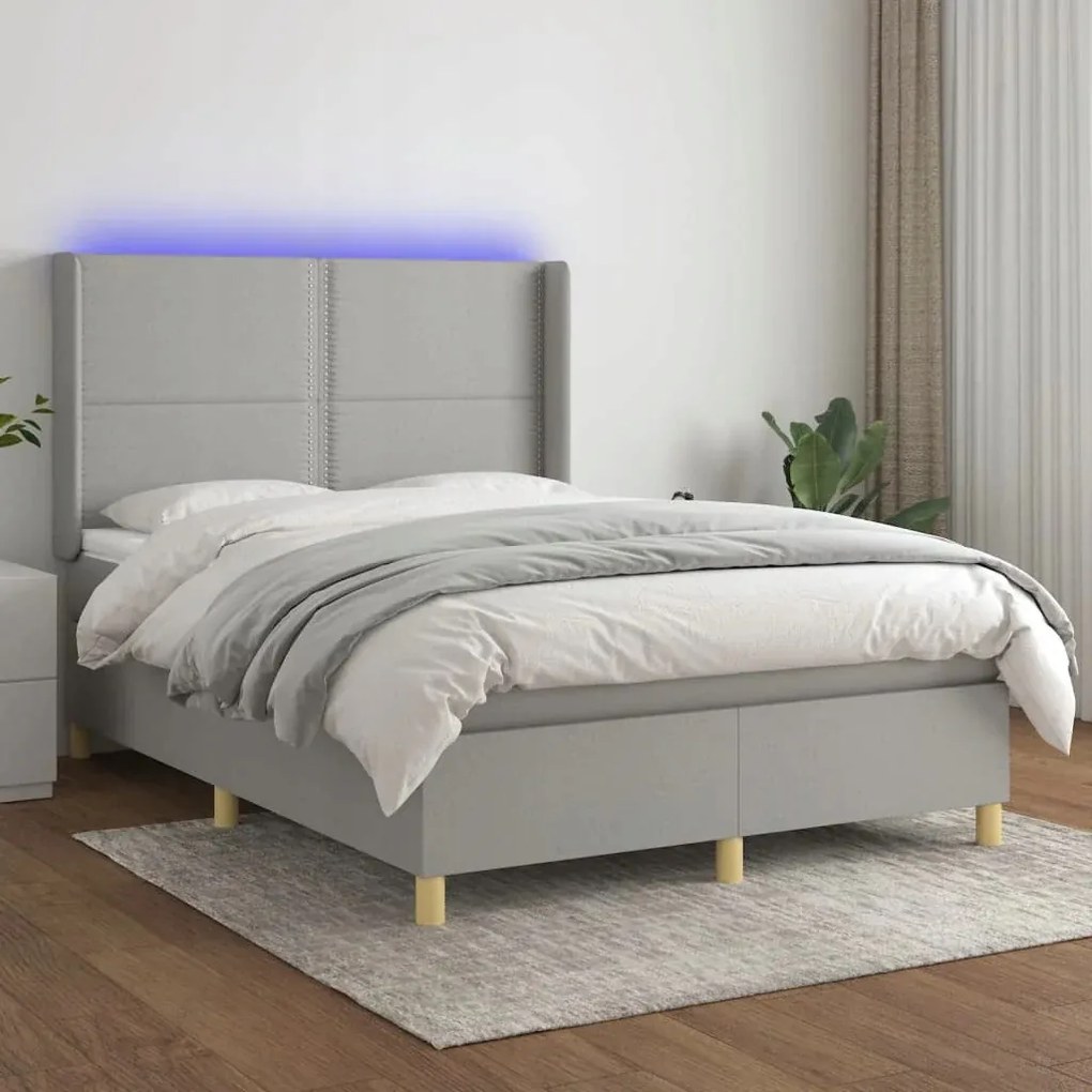 Box Spring Postel S Matrací A Led Textil Světle Šedá Hladké s hřebíky 140