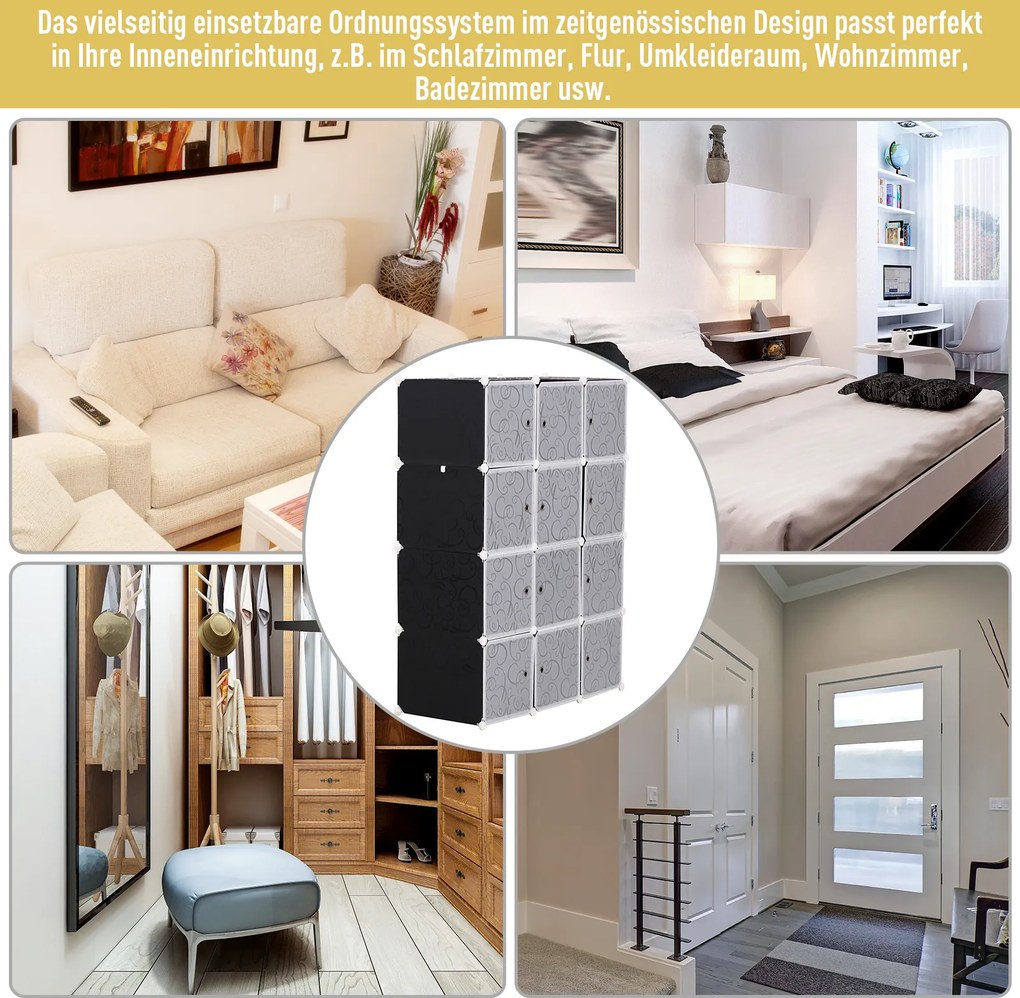 HOMCOM DIY Systém Šatníku se 2 Velkými a 9 Malými K cubes, Úložný prostor, Botník, Knihovna, Hračkový K cabinet Černá 111 x 47 x 145 cm