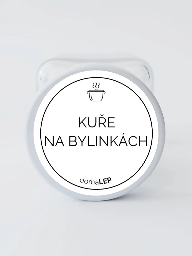 Samolepka na kořenky KUŘE NA BYLINKÁCH bílá 5 cm základní písmo