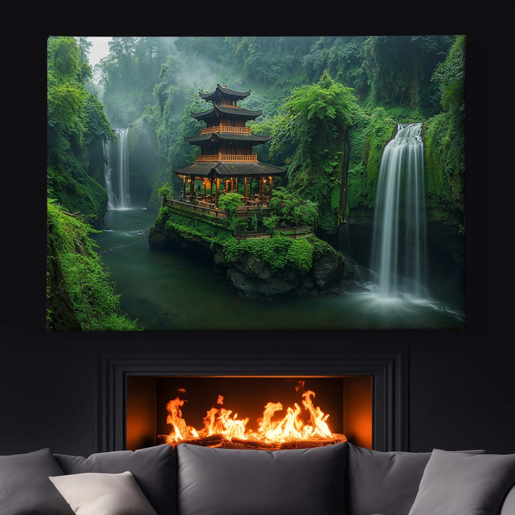 Obraz na plátně - Jošidův chrám mezi vodopády FeelHappy.cz Velikost obrazu: 150 x 100 cm