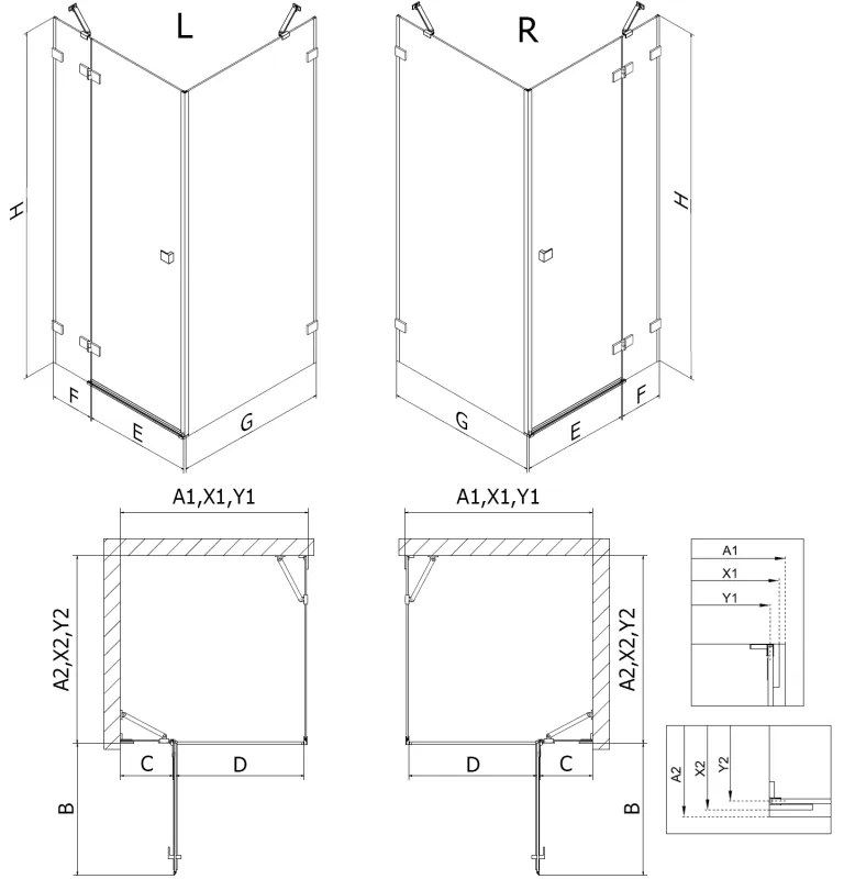 Mexen Lunar, výklopný sprchový kout levý 70 x 70 cm, 8mm čiré sklo, zlatý profil, 834-070-070-50-00-L
