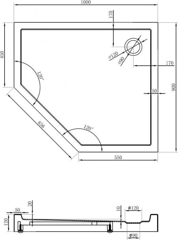 Mexen Flow+, pětiúhelníková sprchová vanička, pravá, 100 x 90 cm, černá matná, 46P709010RH