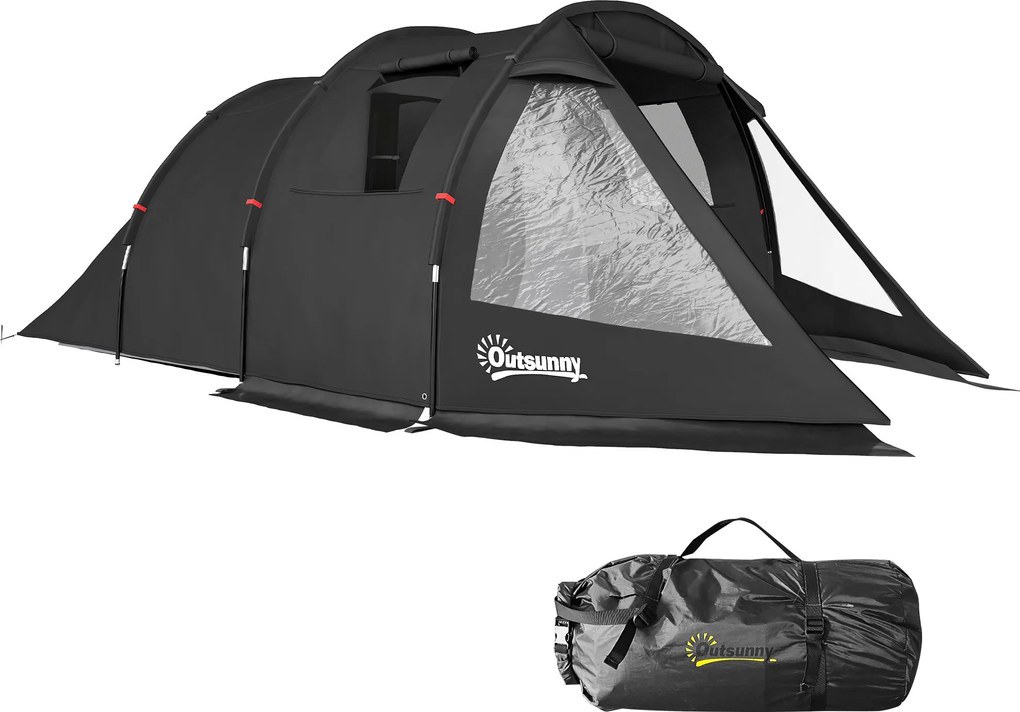 Outsunny Rodinný Stan pro 4 Osoby, Lehký, Stabilní, Voděodolný Stan s Dveřmi a Okny, Skládací Taška, Tunelový Stan s Vodním Sloupem 2000mm pro Kempová