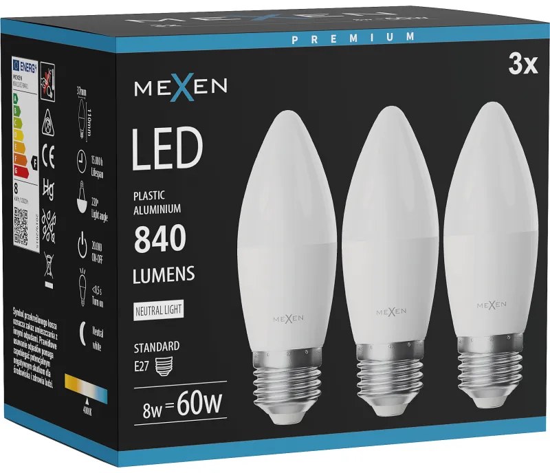 Mexen Nova 3x LED žárovka E27, C37, 8W, Neutrální - 4000K, 840 lm - L102-E27-0840-01x03