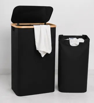 koš na prádlo, objem 60 l, s víkem, oxford/bambus, 66x41x22 cm, černá/přírodní, Dekorino KP20260010