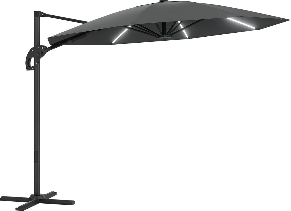 Outsunny Hliníkový Slunečník s Bočním Stojanem LED Solární Ø300cm Výškově Nastavitelný Slunečník s Kličkou UV50+ Voděodolný 360° Otočný Tržišní Sluneč