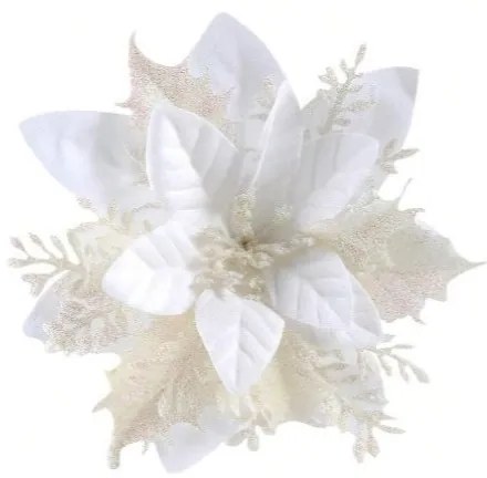 Flamenco Mystique Květina na stromeček s klipem vánoce xxl 14 cm bílý třpyt woz04b