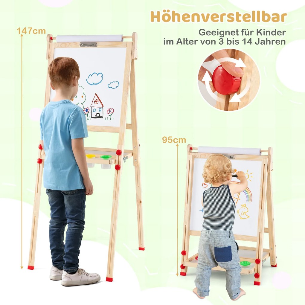 Costway Dřevěný umělecký stojan pro děti 3-in-1 Skládací oboustranný magnetický