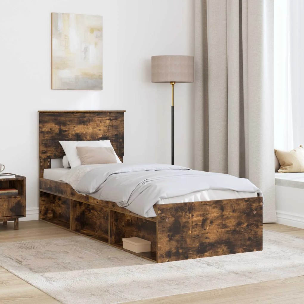 Rám postele s čelo Kouřový dub 75 x 190 cm Masivní borové dřevo 3410667