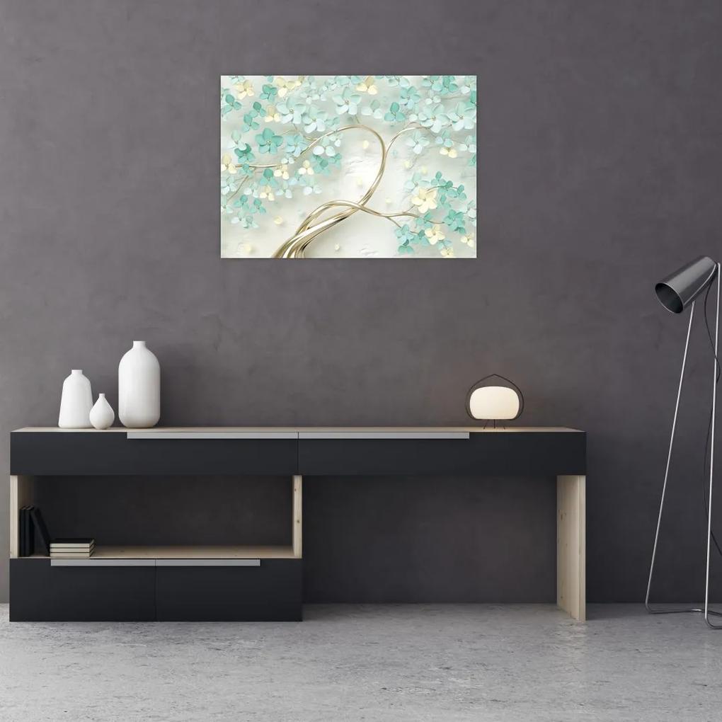 Skleněný obraz - Zlatý kvetoucí strom (70x50 cm)