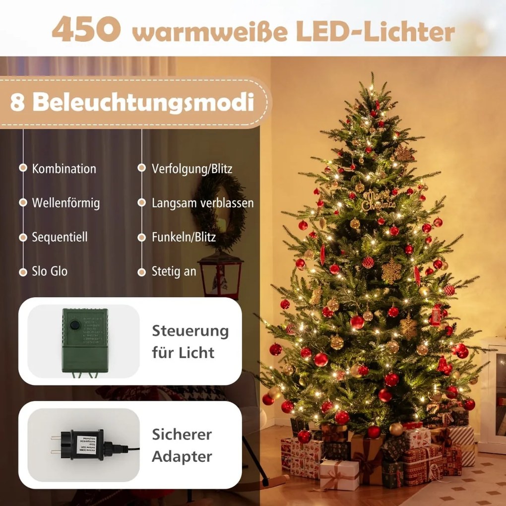 Costway 240 cm umělý vánoční stromek s 450 teplými bílými LED světly Vánoční