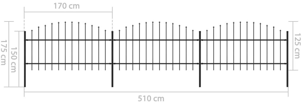 vidaXL Marketos Zahradní plot s kopím nahoře ocelový 537 x 125 cm černý