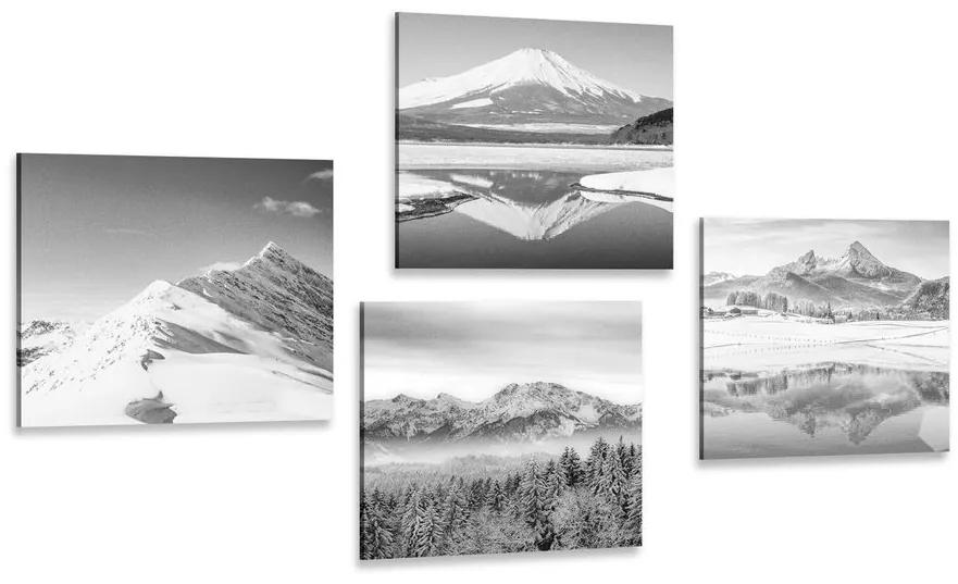 Set obrazů zasněžené hory v černobílém