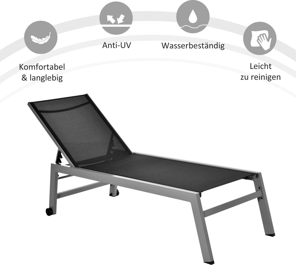 Lehátko Outsunny Relax Lounger 5-stupňové nastavitelné opěradlo hliníkové černé 169x65x102cm na zahradu a terasu | Aosom.de