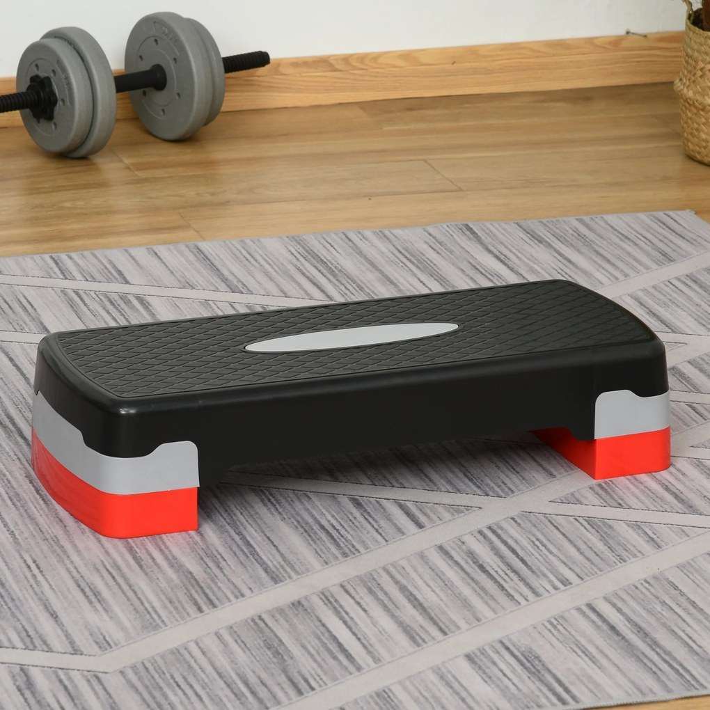 HOMCOM Stepping Board Aerobic Fitness s nastavitelnou výškou (10/20 cm), cvičební kolo Stepper, černá+šedá+červená, 68x28x15cm