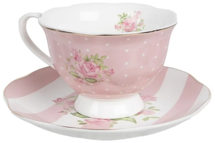 Růžový puntíkatý porcelánový šálek s podšálkem se vzorem růžiček Sweet Roses – 200 ml