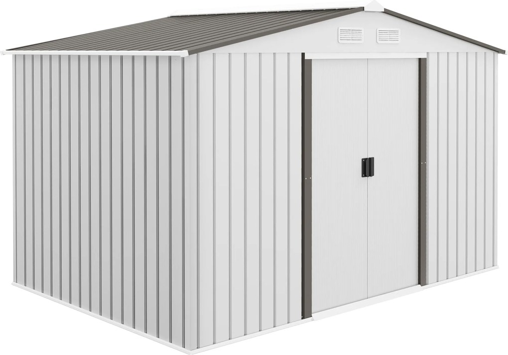 Zahradní domek Outsunny 5 m² se základem, 4 větracími otvory a 2 posuvnými dveřmi, ocelový skladovací domek, 277x195x192 cm, Stříbrný | Aosom
