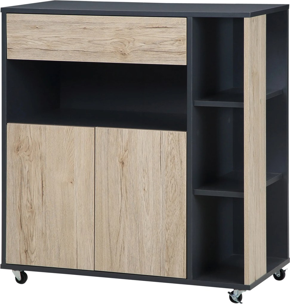 HOMCOM Víceúčelový Kuchyňský Vozík s Šuplíkem, Skříňkou a Policemi, Kuchyňský Ostrovní Servírovací Vozík se 4 Koly, 80x39x86,5cm, Dřevo a Černá | Aoso