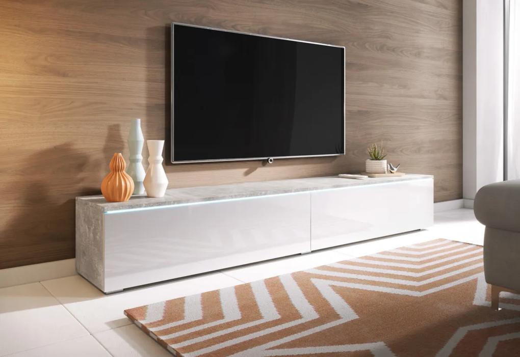TV stolek LOWBOARD D 180, 180x30x32, beton/bílá lesk + LED
