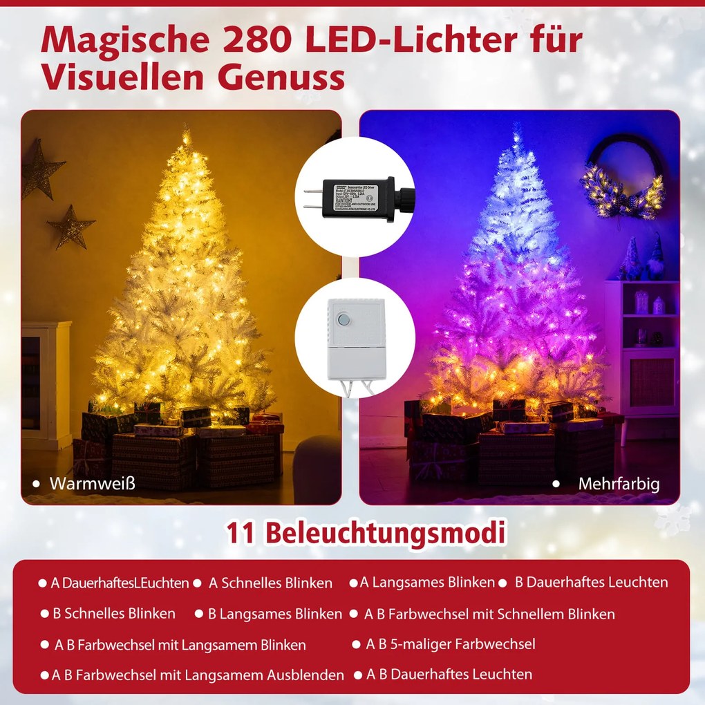 Costway Umělý vánoční stromek 180 cm s tříbarevnými LED, bílý