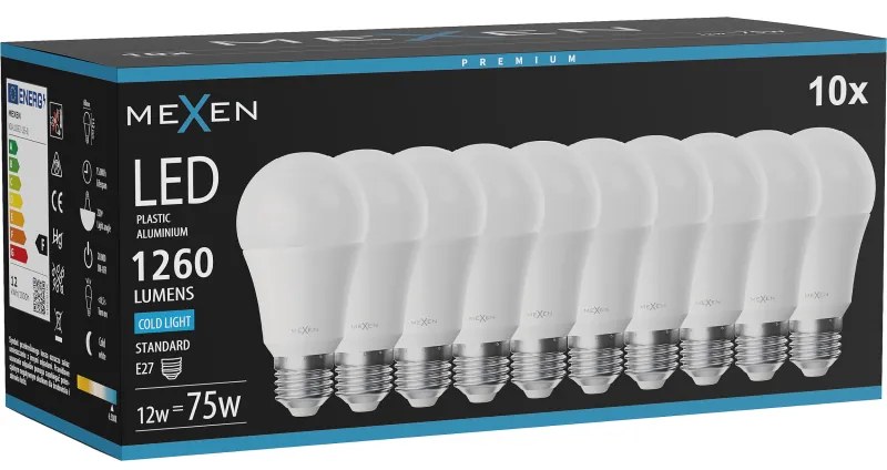 Mexen Nova 10x LED žárovka E27, A60, 12W, Studená - 6500K, 1260 lm - L100-E27-1265-01x10