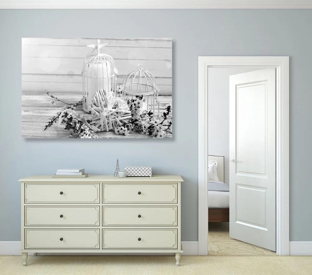 Obraz třešňová větvička a lucerničky v černobílém provedení - 120x80 cm
