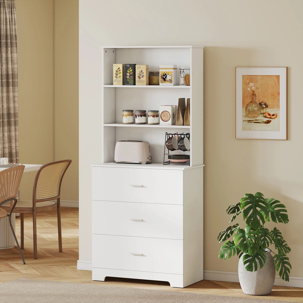 HOMCOM knihovna se 6 policemi, 3 zásuvkami, 3 otevřenými přihrádkami, vysoká skříň do obývacího pokoje, pracovny, kanceláře, 79x39,5x182,2 cm, bílá