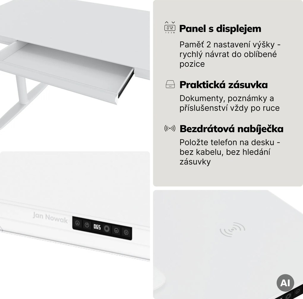 Elektrický psací stůl sit-stand se zásuvkou a bezdrátovou nabíječkou Qi bílý, 1600 mm: ELLIS