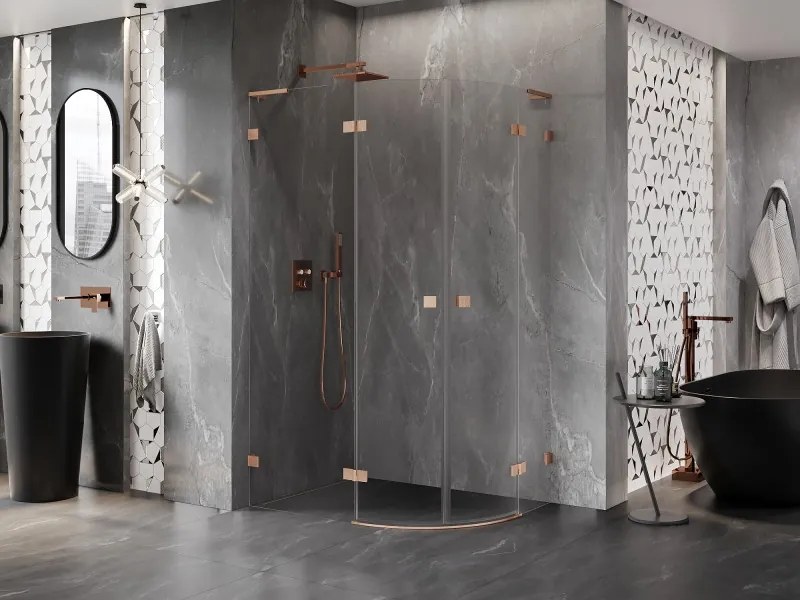 Mexen Lunar, L půlkruhový sprchový kout naklápěcí doleva 100 x 90 cm, 8mm čiré sklo, profil měděná matná, 833L-100L-090P-65-00