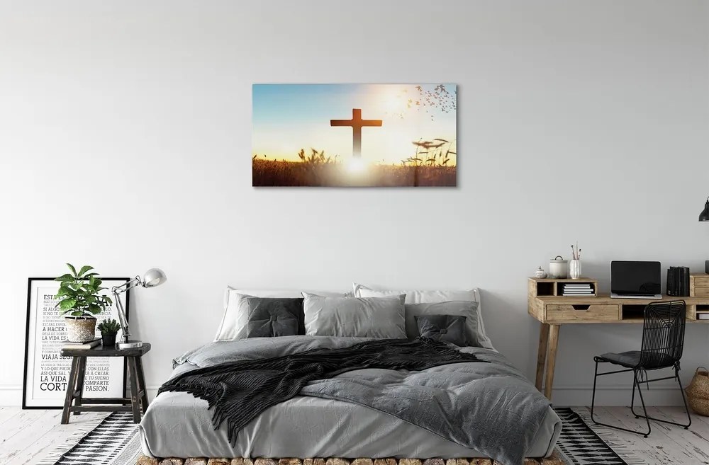 Obraz na skle Kříž pole Slunce 125x50 cm